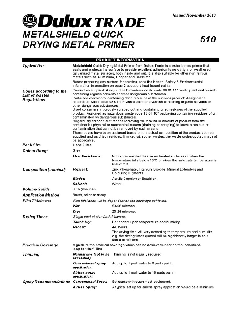 Metalshield Quick Drying Metal Primer 510: Issued November 2010 | PDF ...