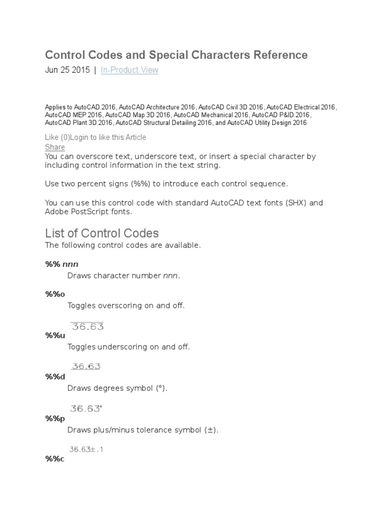 Control Codes and Special Characters Reference in AutoCAD | Download ...
