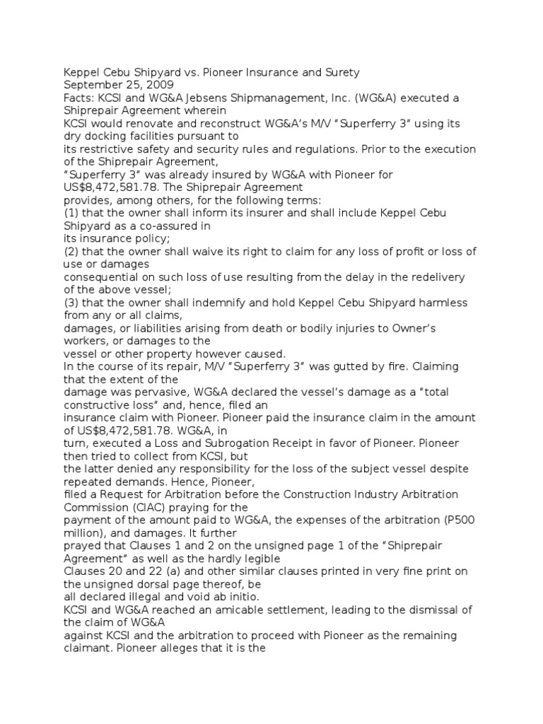 Keppel Cebu Shipyard Vs Pioneer | PDF | Insurance | Welding