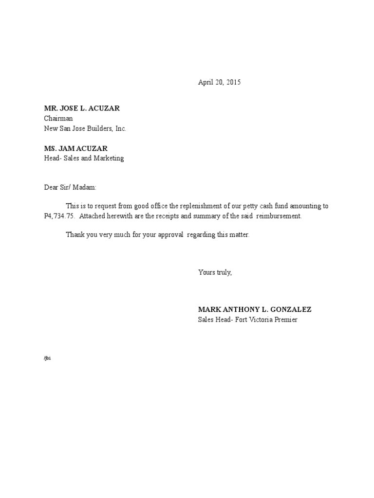Letter Replenishment of Petty Cash Fund | PDF | Business | Law