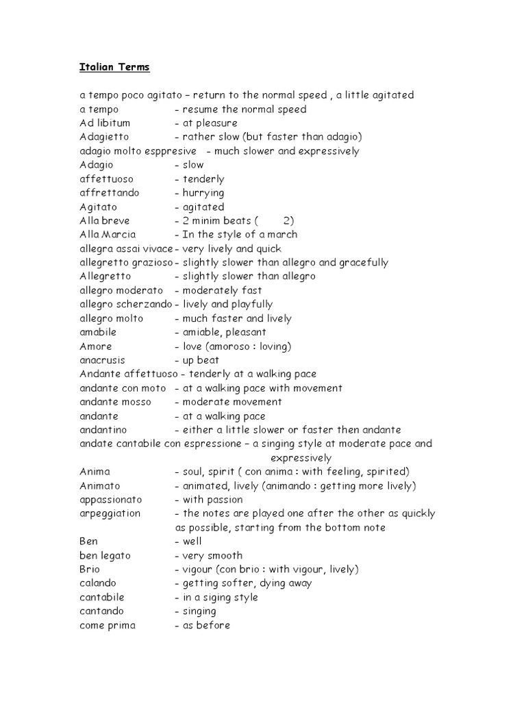 Italian Musical Terms Glossary | PDF | Tempo | Poetics