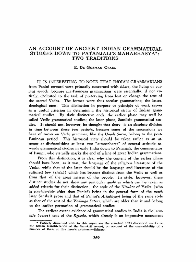Oraya Account Ancient Indian Grammatical Studies Patanjali Mahabhasya ...