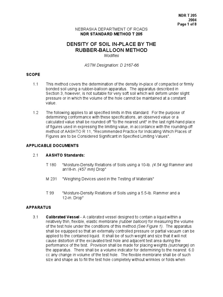 Density of Soil In-Place by The Rubber-Balloon Method: NDR Standard ...