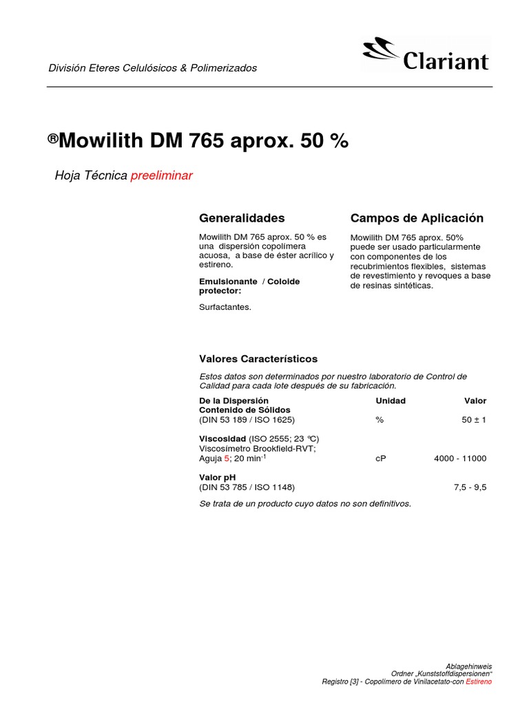 Mowilith DM 765 Data Sheet | PDF | Pintura acrilica | Pigmento