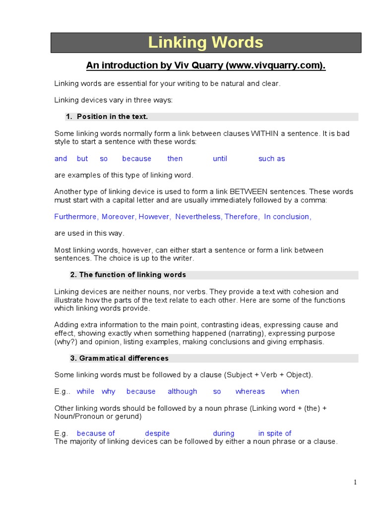 Linking Words by Viv Quarry Extended Version | PDF | Sentence ...