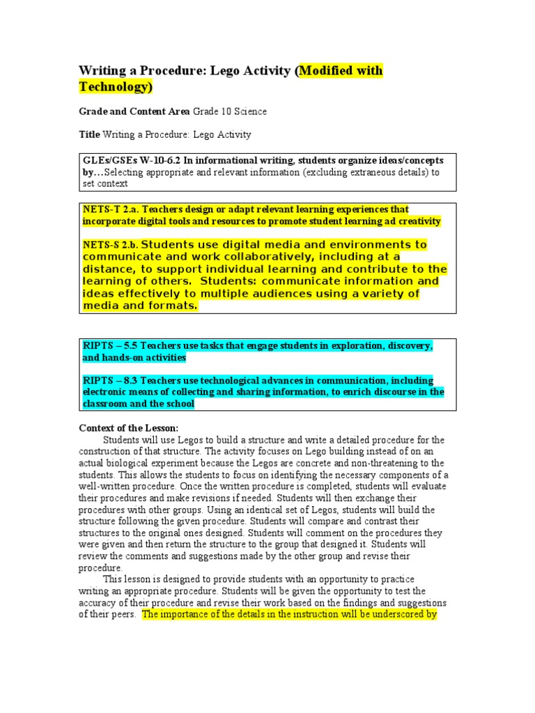 NETS - S Included Lego Writing A Procedure Modified | PDF | Rubric ...