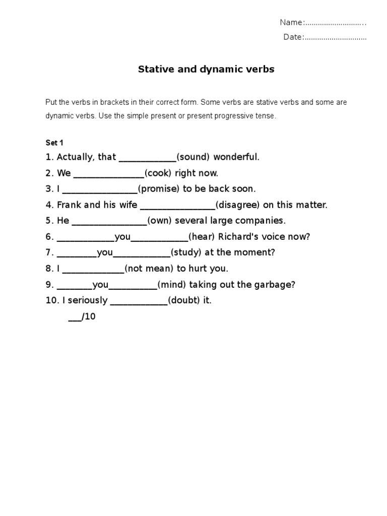 Stative and Dynamic Verbs Exercises Set 1 | PDF