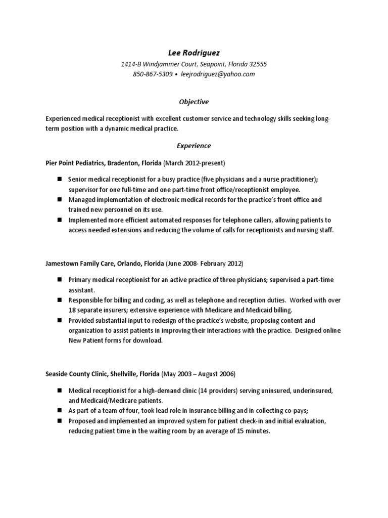 Medical Receptionist Resume for Lee Rodriguez | PDF