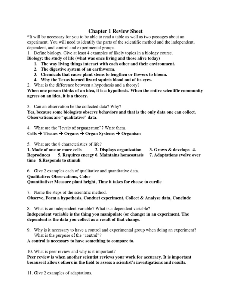 Chapter 1 Review Sheet Biology | Download Free PDF | Experiment ...
