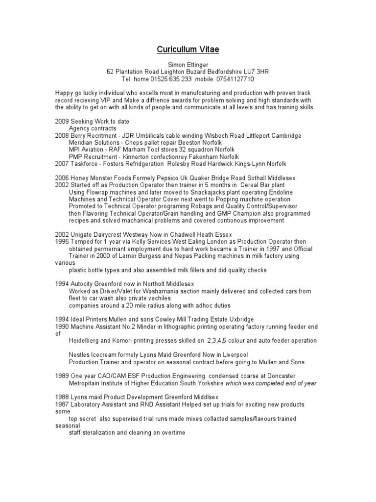 Simon Ettinger's Manufacturing CV | PDF | Business | Art