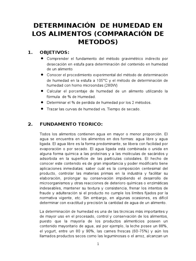 Practica 4 Determinacion de Humedad | Humedad | Alimentos