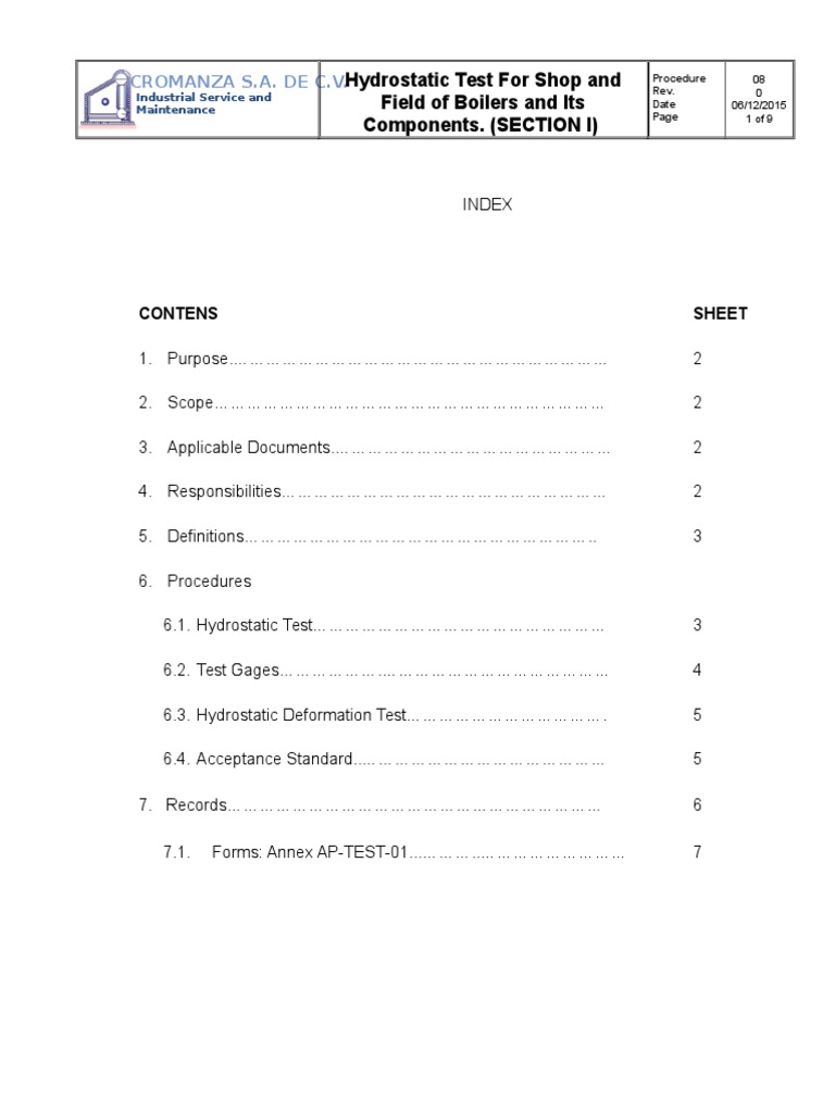 08 Hydrostatic Test Procedure Section I OK (1) | Boiler | Pressure
