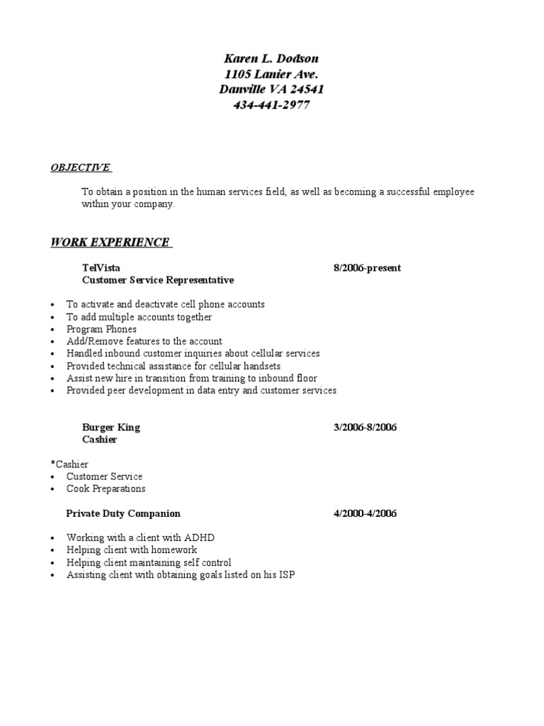 Human Services Resume of Karen Dodson | PDF | Nursing | Medicine