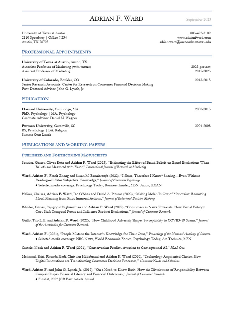Adrian F Ward - CV September 2023 | PDF | Psychology | Social Psychology