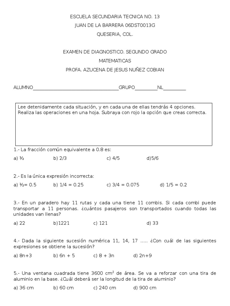 Examen Diagnóstico de Matemáticas 2º Grado | PDF | Enseñanza de ...