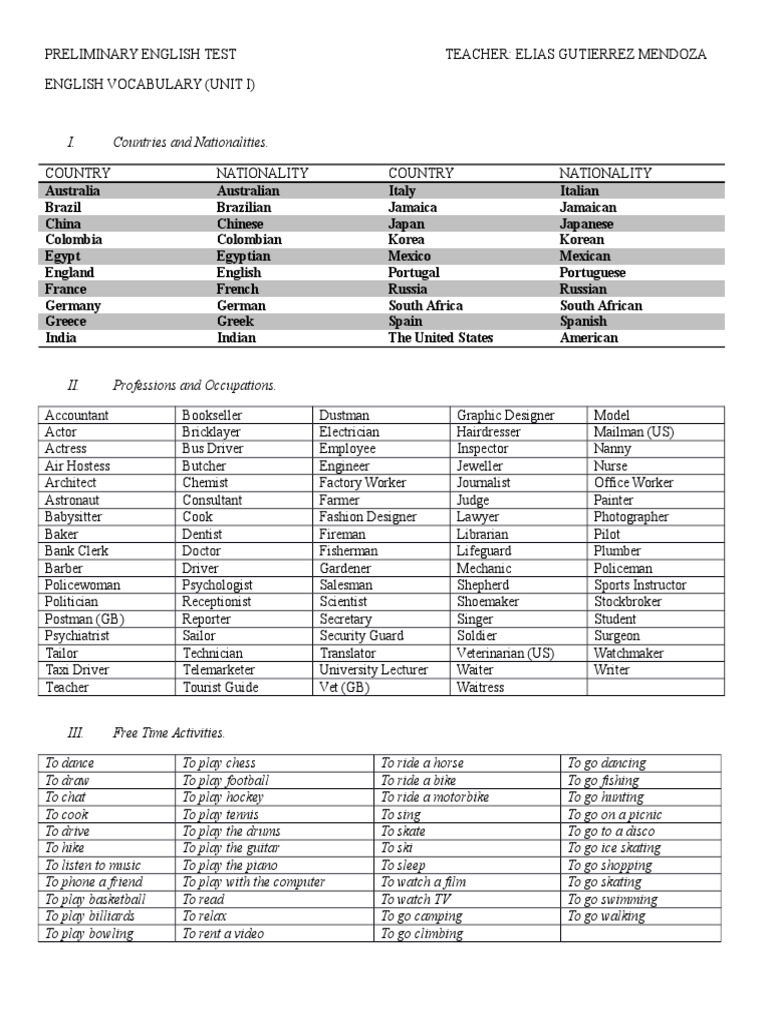 Preliminary English Test (Vocabulary) | PDF | Grandparent | Family