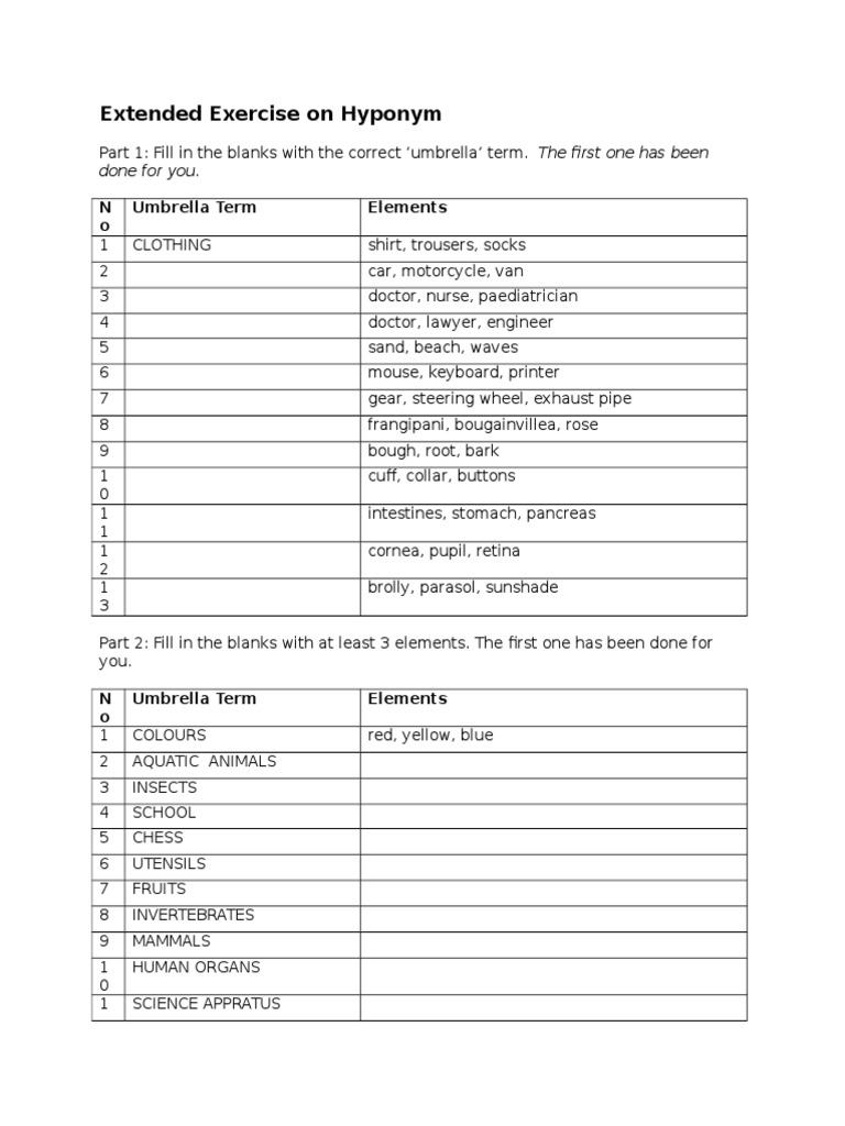Extended Exercise On Hyponym | PDF