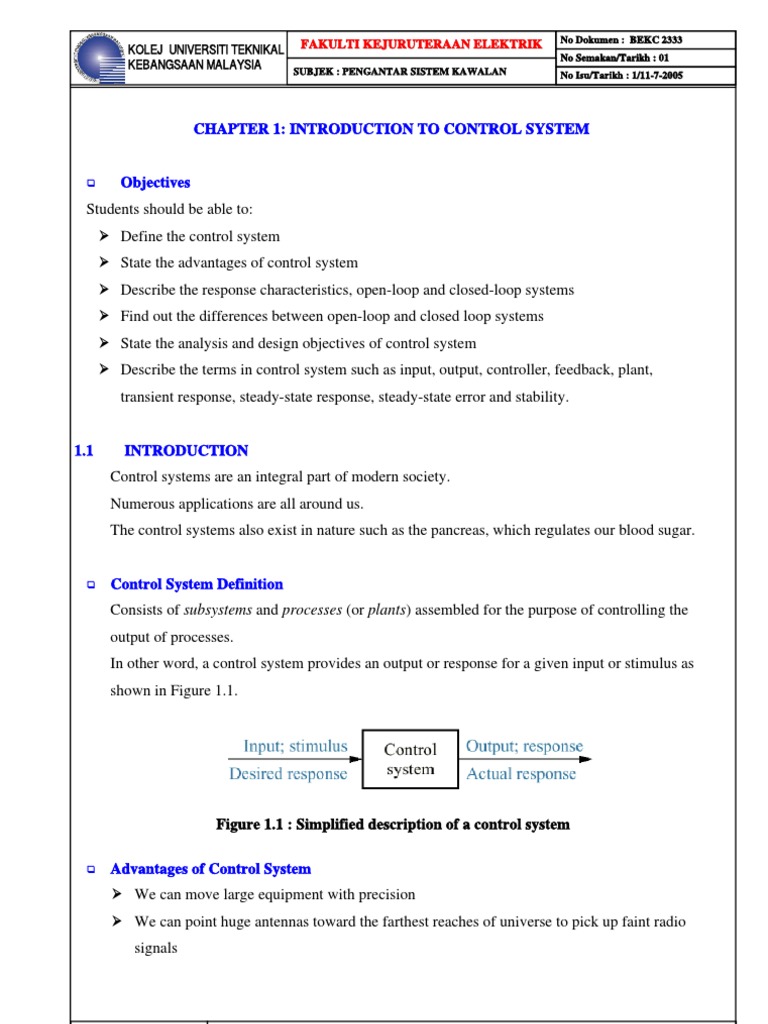 Chapter 1: Introduction To Control System: Kolej Universiti Teknikal ...