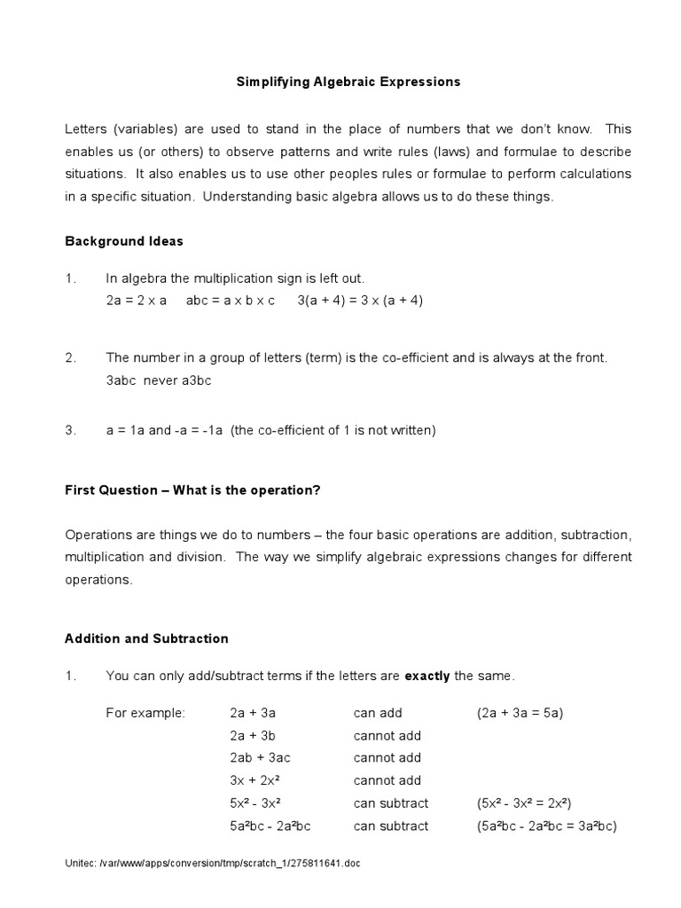 Simplifying Algebraic Expressions | PDF | Multiplication | Algebra