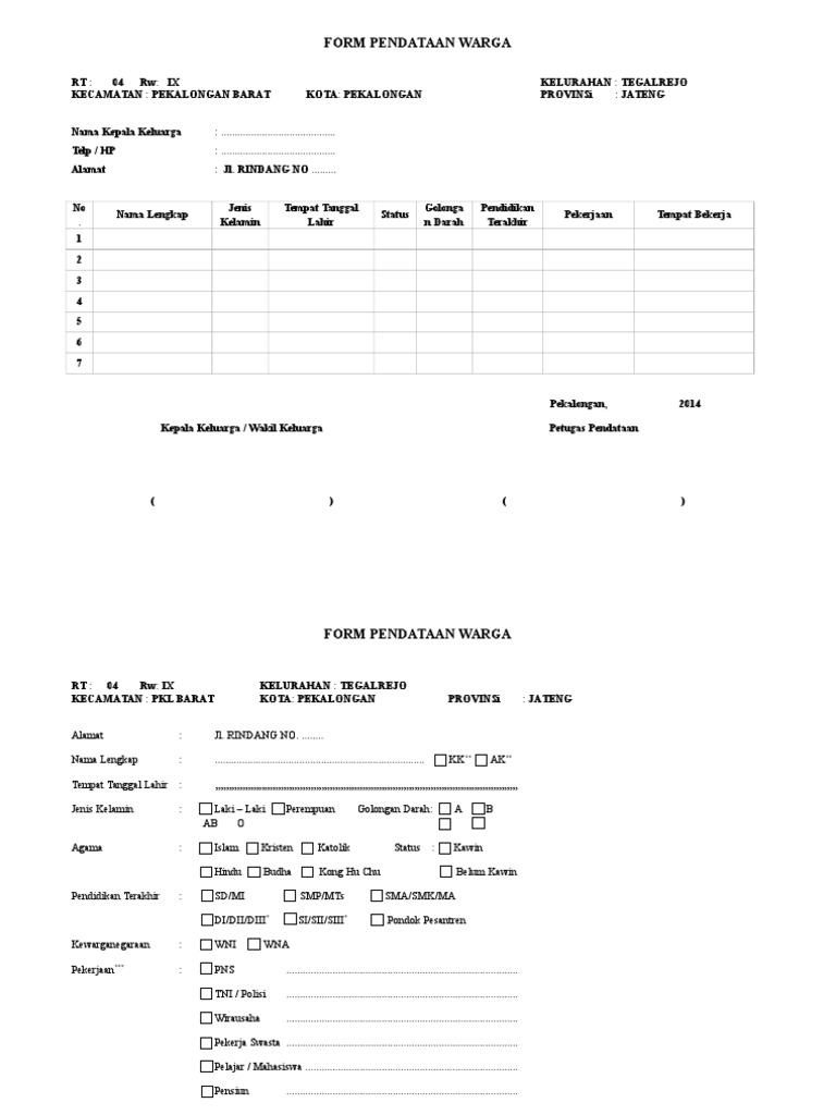 Form Pendataan Warga | PDF