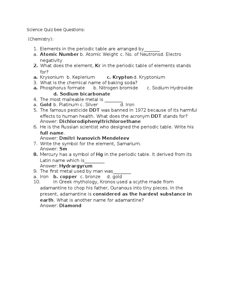 Science Quiz Bee Questions (Chemistry) | PDF