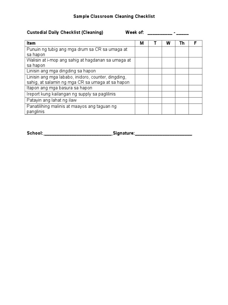 Classroom Cleaning Checklist