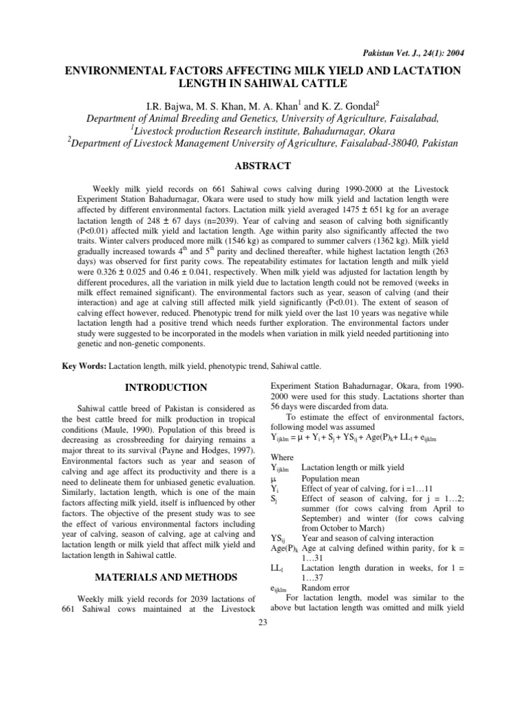 Environmental Factors Affecting Milk Yield and Lactation Length in ...