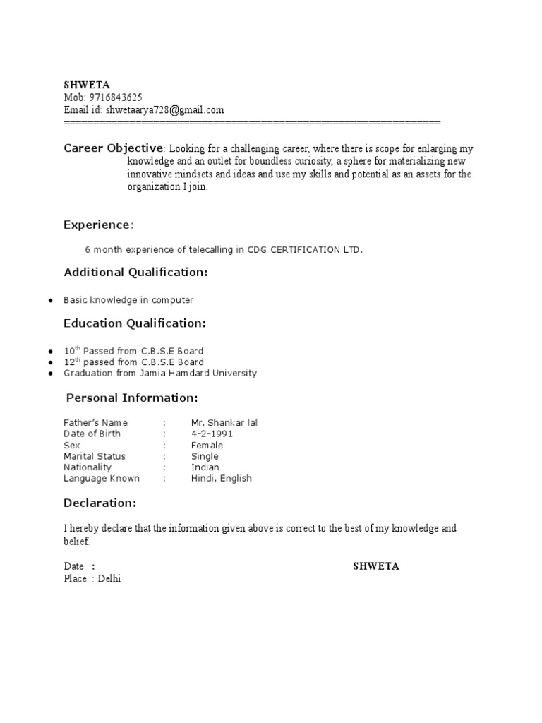 Shweta's Resume: Telecalling Experience | PDF