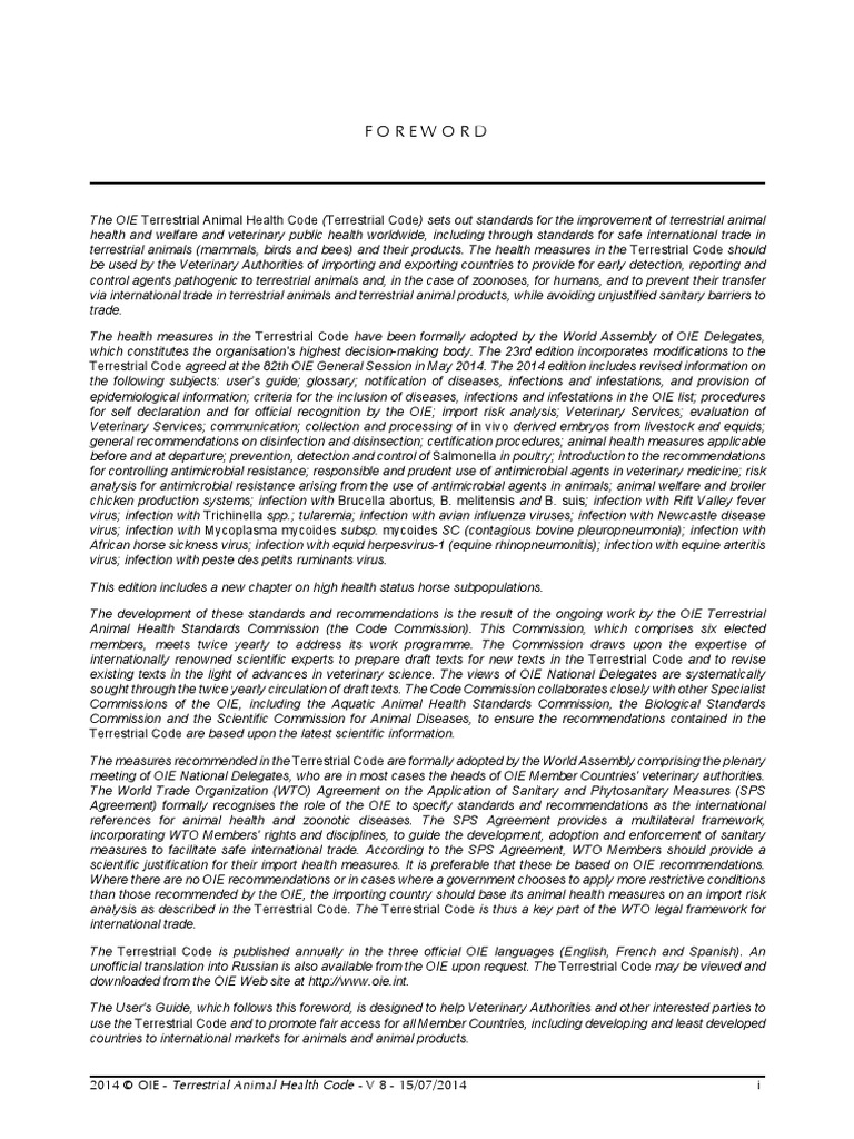 OIE - Terrestrial Animal Health Code - Version 8 - 2014 - Volume I ...