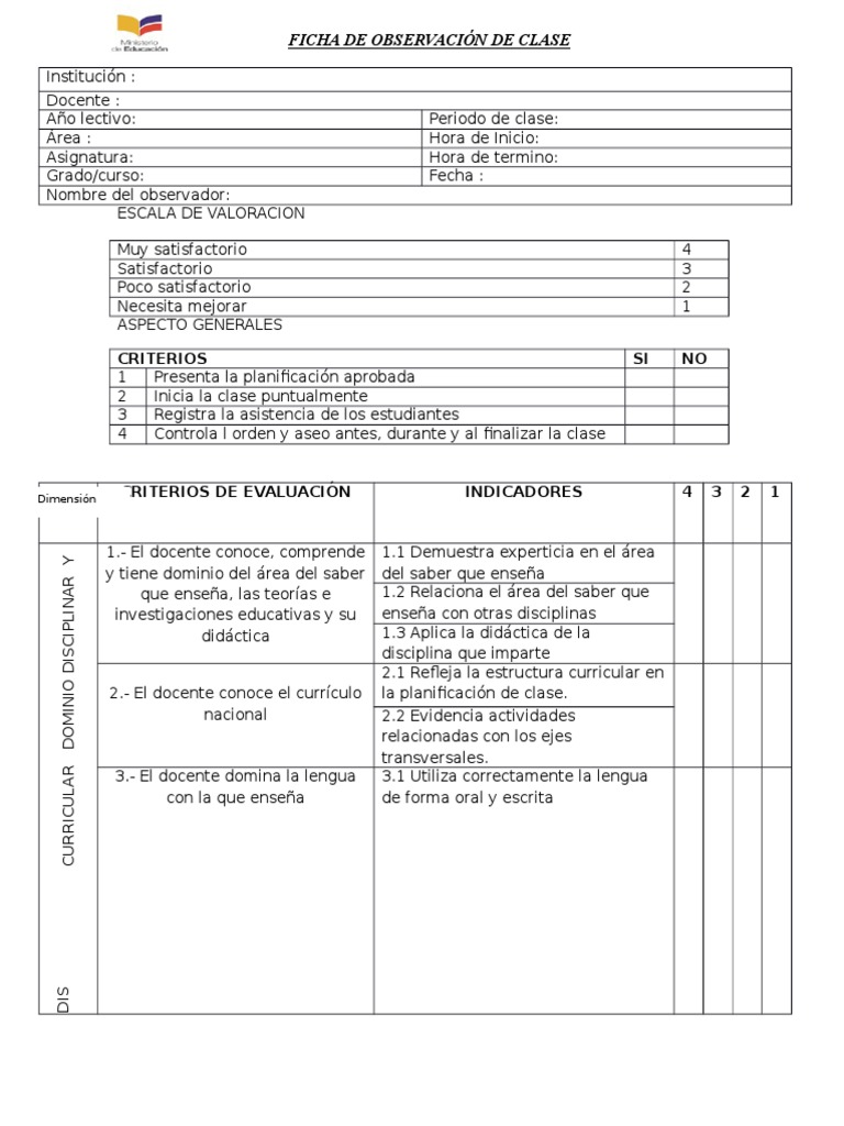 Ficha de Observacion de Clase | Maestros | Aprendizaje | Free 30-day ...