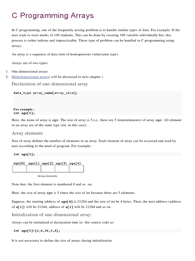 C Programming 1d Arrays Pdf Array Data Structure Integer Computer Science