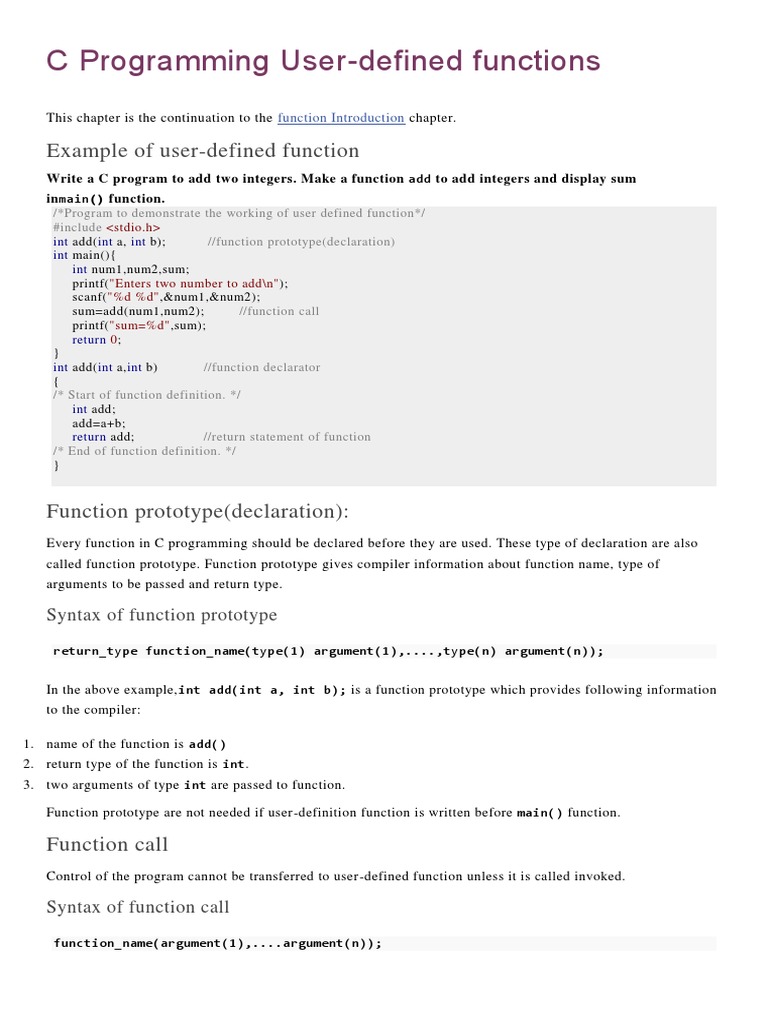 C Programming User Defined Function Pdf Subroutine Parameter Computer Programming
