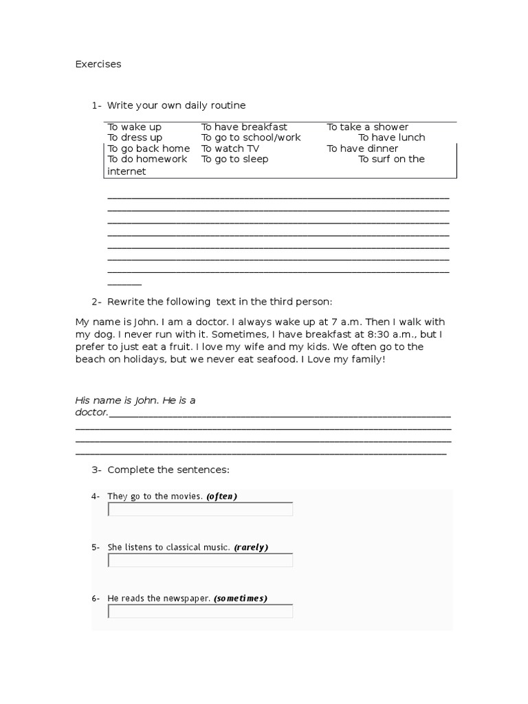Daily Routine and Writing Exercises | PDF