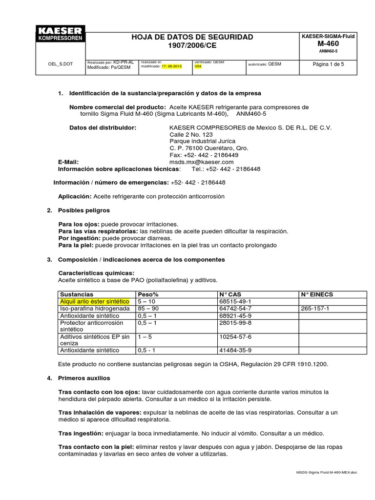 Sigma Fluid M 460 | PDF | Dióxido de carbono | Solubilidad