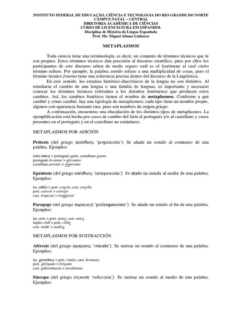 Tipos de Metaplasmos en Español | PDF | Lengua española | latín