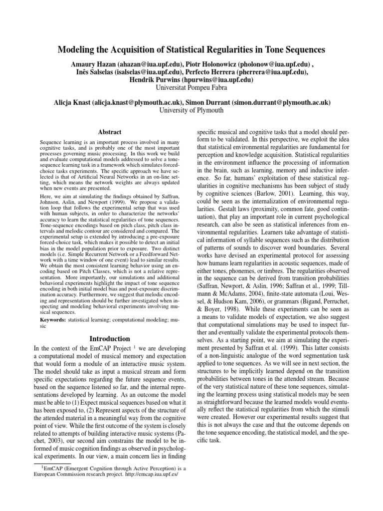 Modeling The Acquisition of Statistical Regularities in Tone Sequences ...