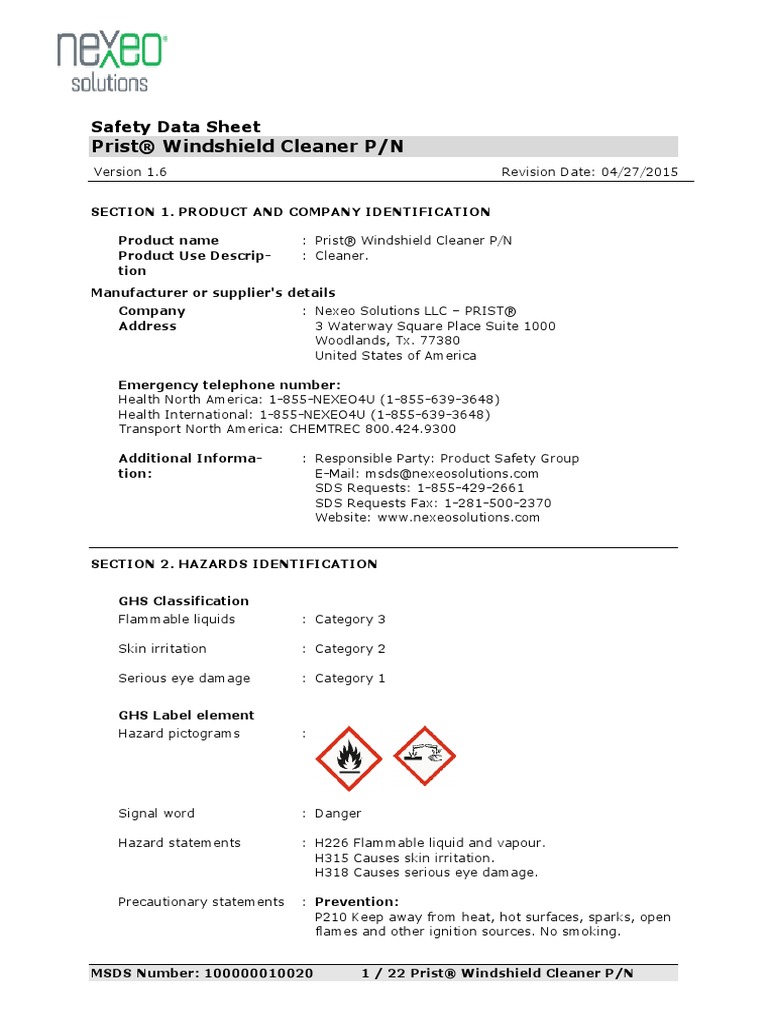 Prist Window Cleaner MSDS | PDF | Toxicity | Carbon Dioxide