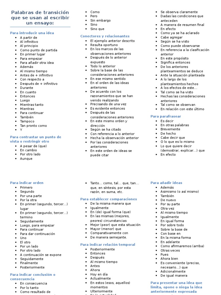 Palabras de Transición Que Se Usan Cuando Se Escribe Un Ensayo ...