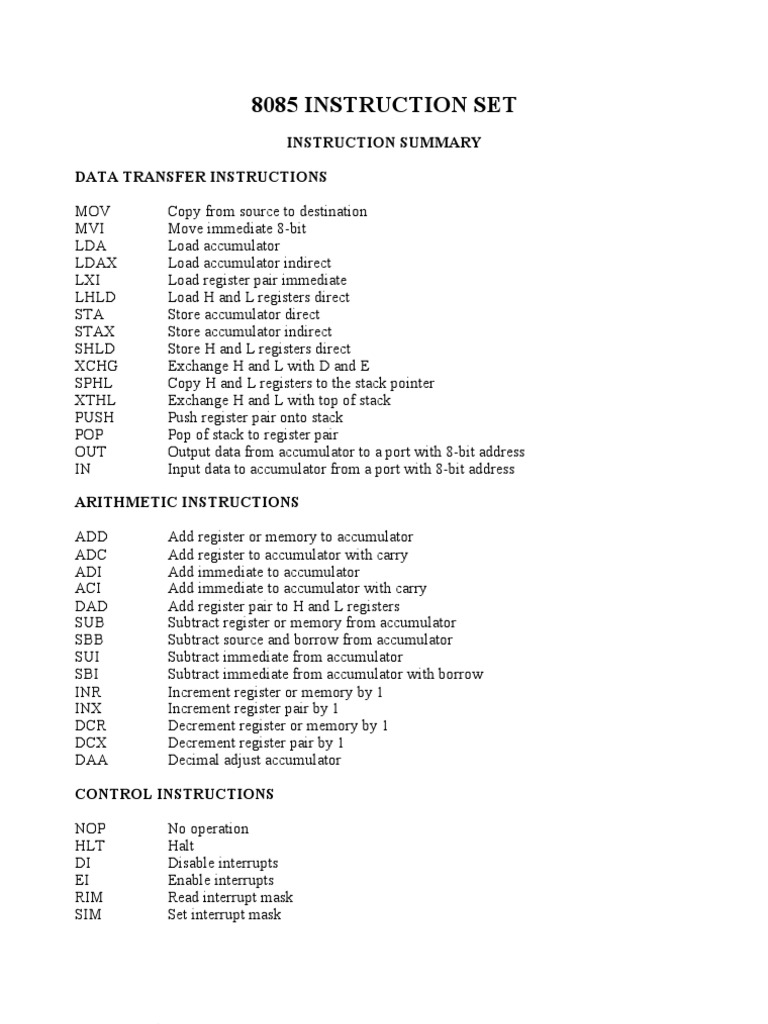 8085 Instruction Set Instruction Summary Data Transfer Instructions