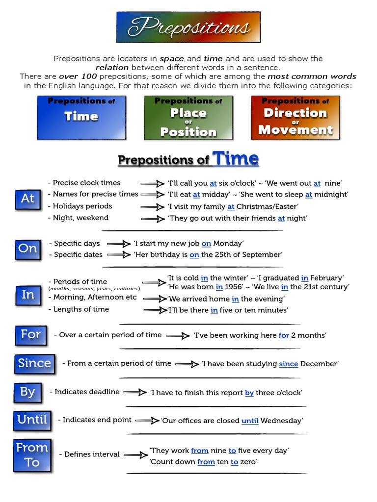 Prepositions: Time Place Position Direction Movement | PDF