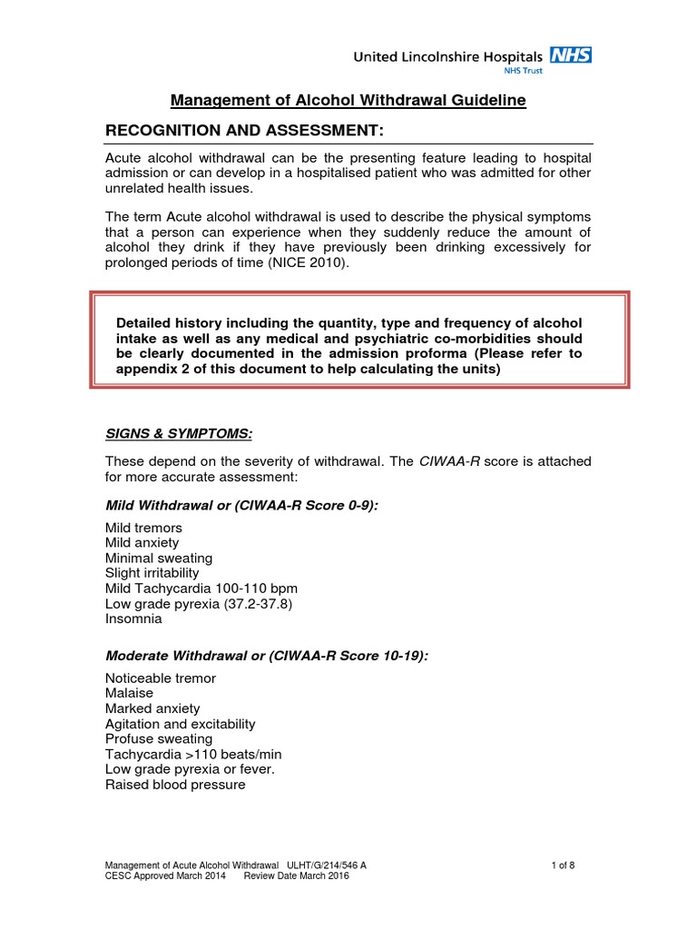 Management of Acute Alcohol Withdrawal | PDF | Clinical Medicine ...