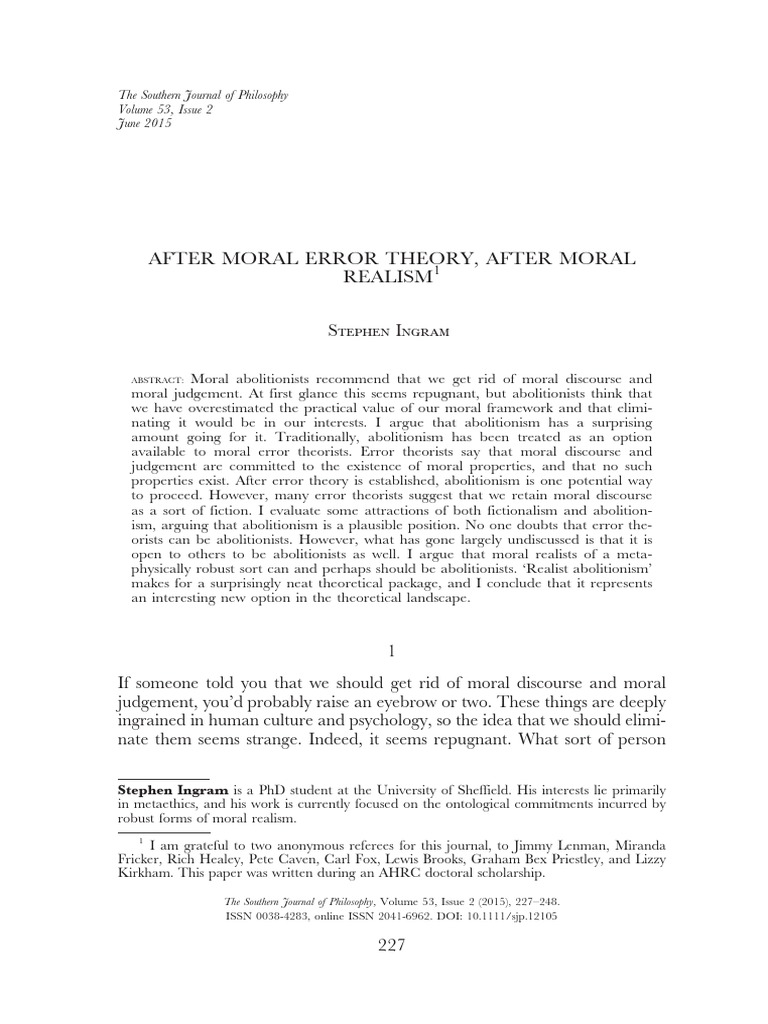 After Moral Error Theory, After Moral Realism: The Southern Journal of ...