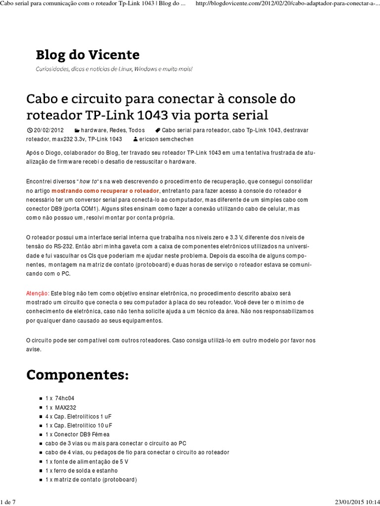 Cabo Serial para Comunicação Com o Roteador Tp-Link 1043 - Blog Do ...