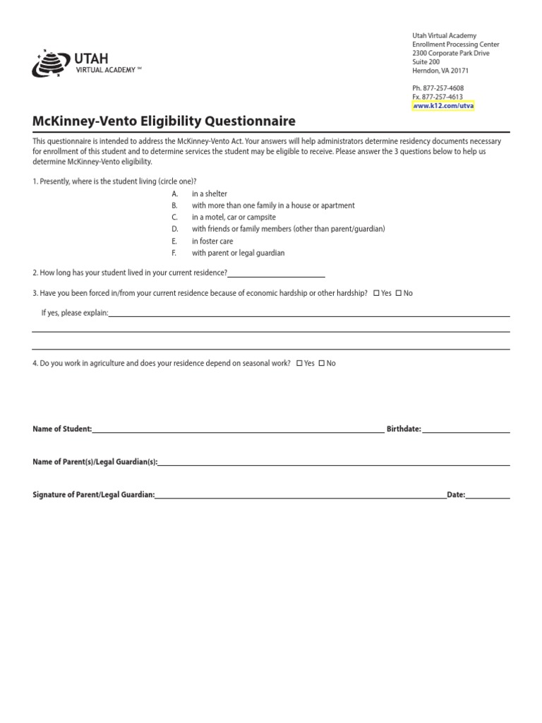 Mckinney-Vento Eligibility Questionnaire: Name of Student: Birthdate | PDF
