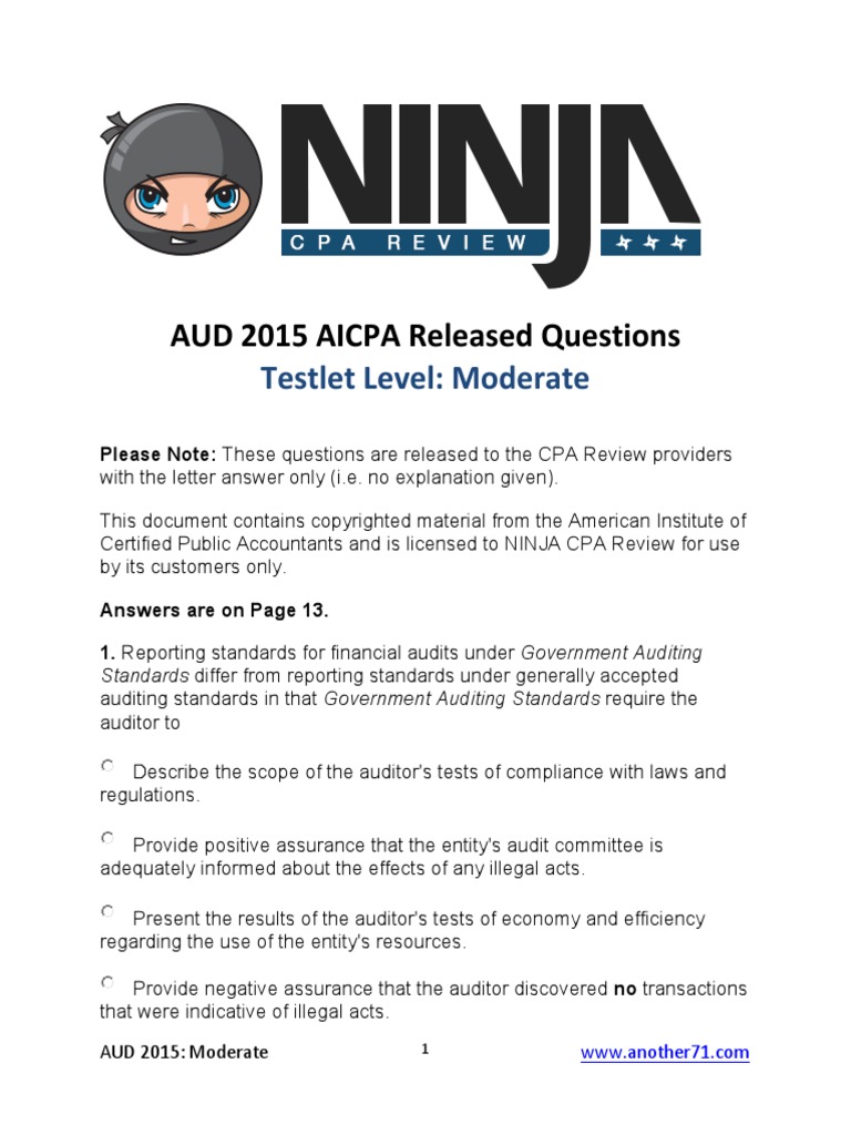 AICPA 2015 Released Audit Questions | PDF | Financial Audit | Internal ...