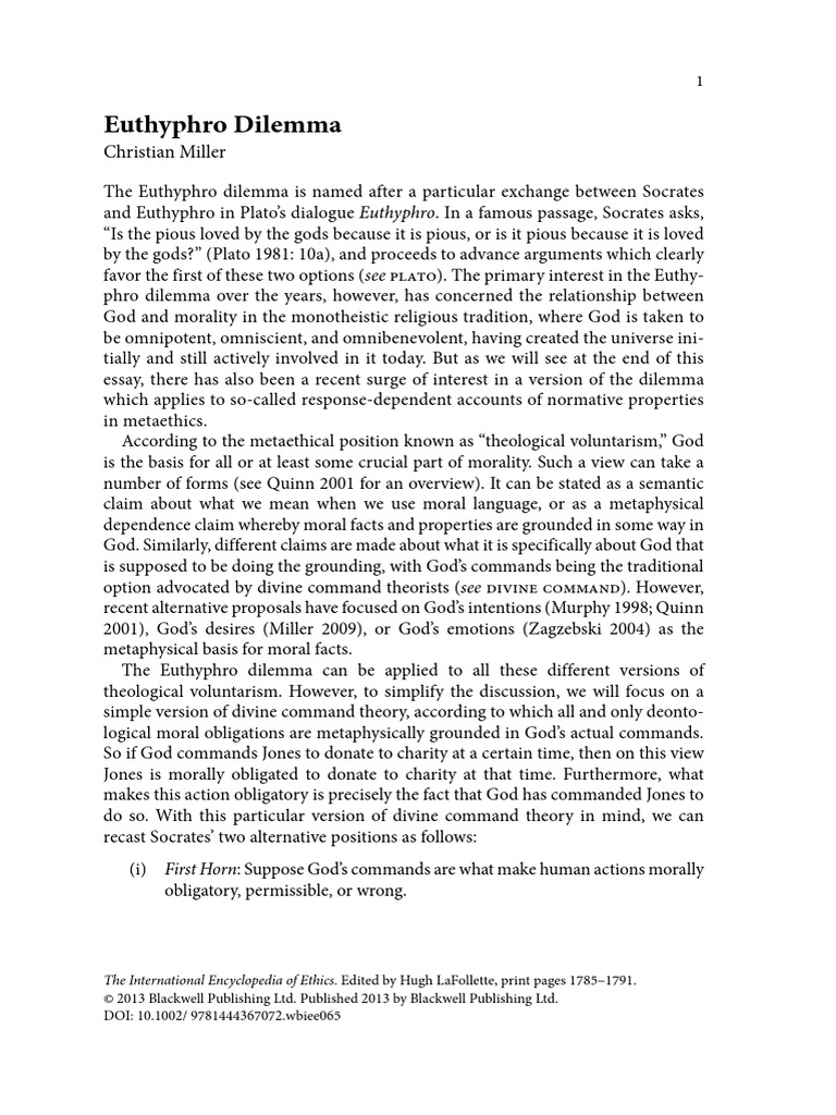 Euthyphro Dilemma: Christian Miller | PDF | Divine Command Theory ...