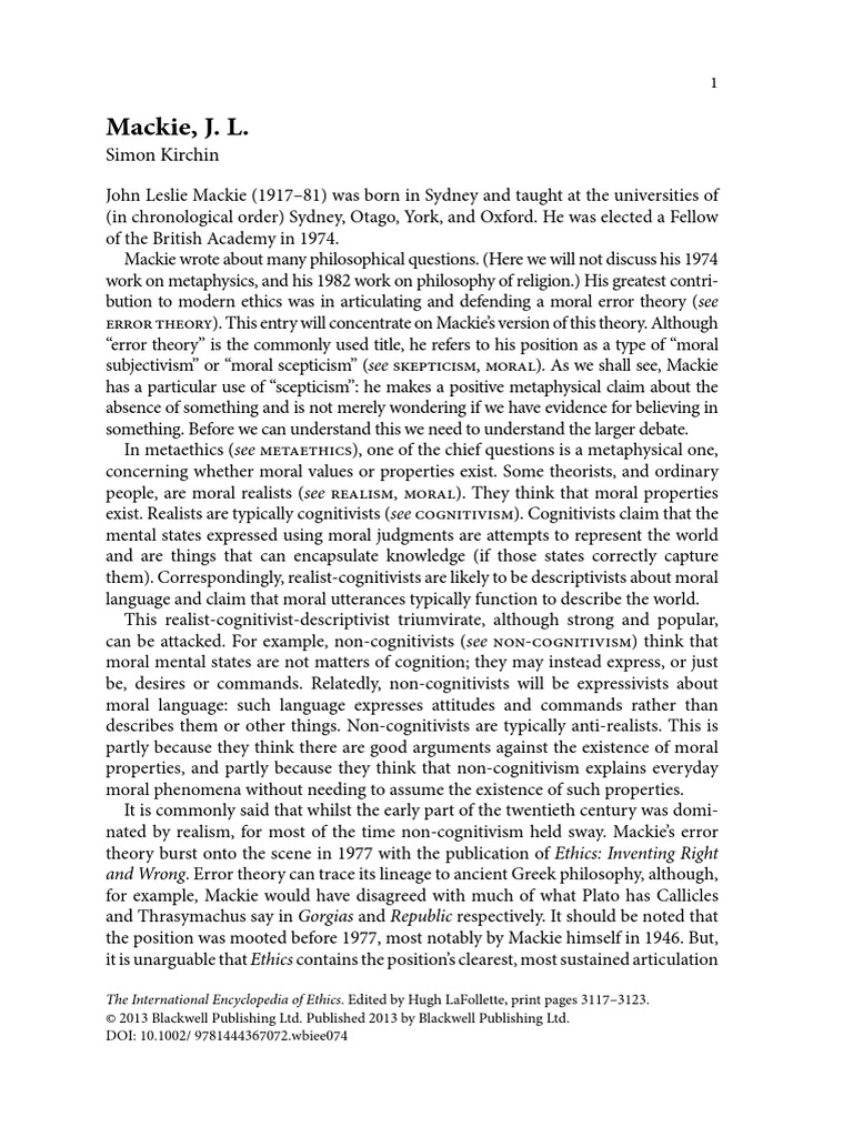 Mackie, J. L.: Simon Kirchin | PDF | Philosophical Realism | Morality