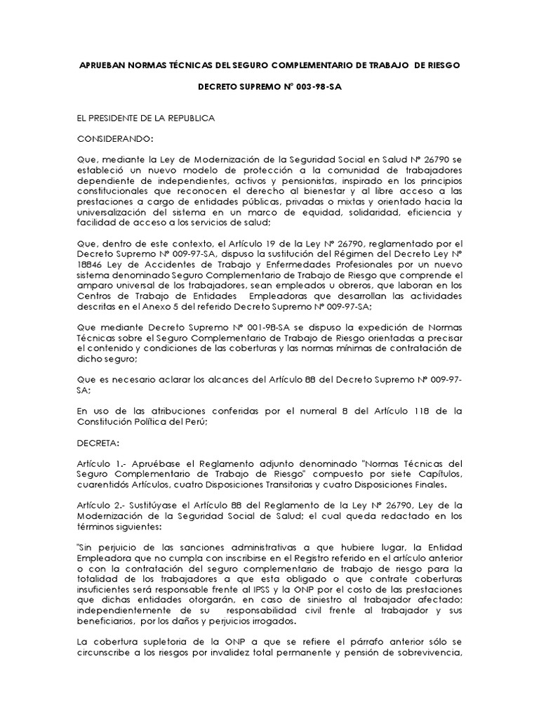 Norma Tecnica SCTR D.S #003-98-SA | PDF