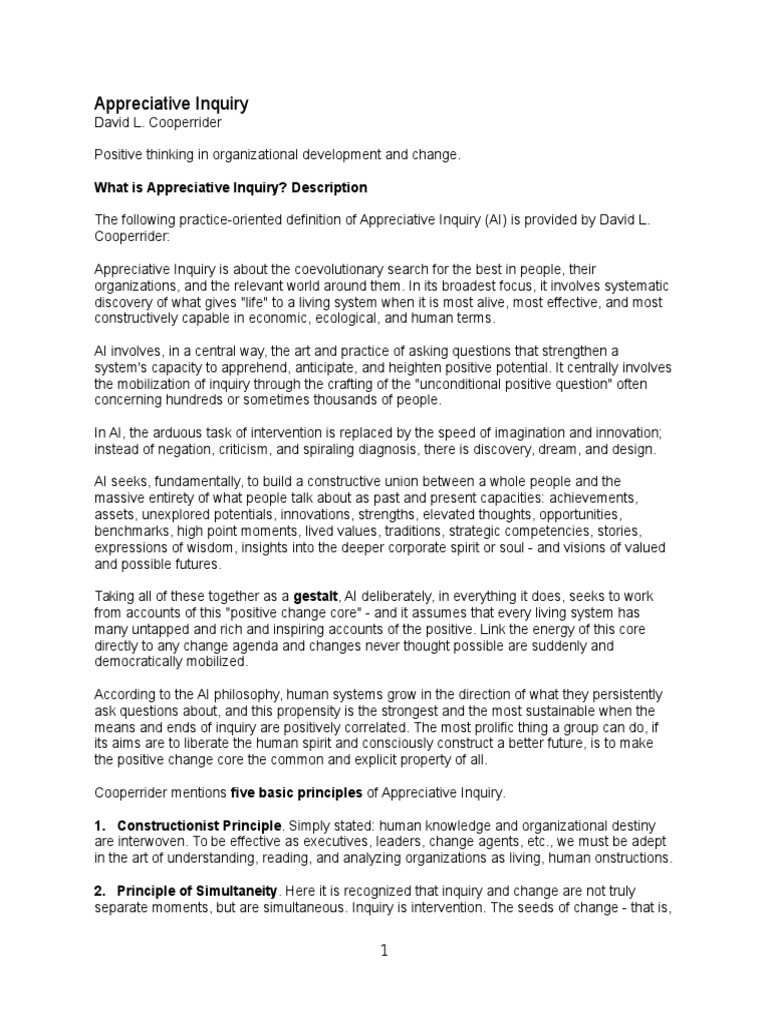 Appreciative Inquiry (Cooperrider) | PDF | Inquiry | Artificial ...
