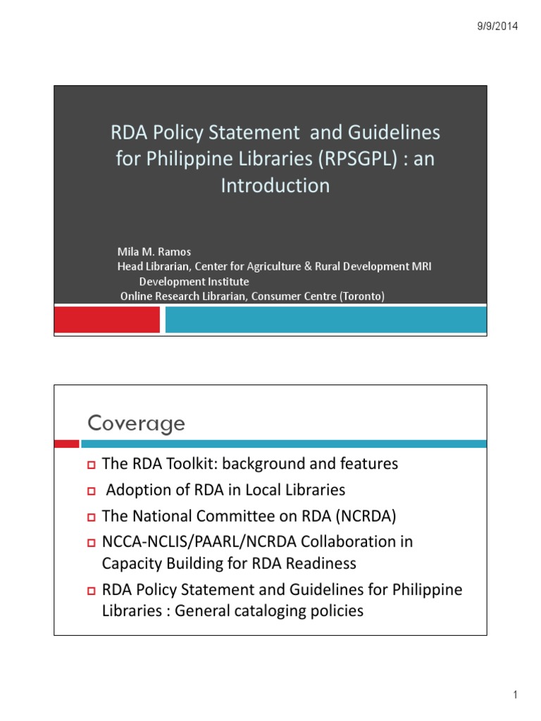 RDA Policy Statement and Guidelines For Philippine Libraries | PDF ...
